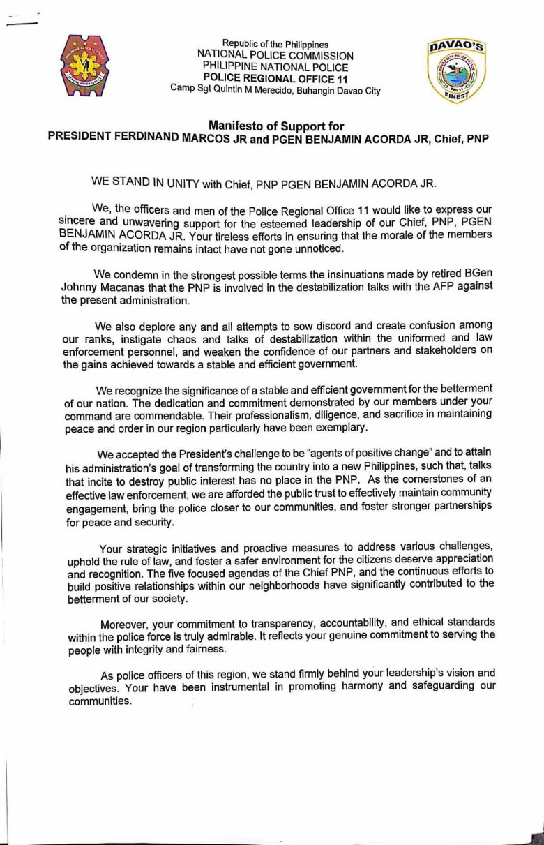 Delvo, other Davao Region police officers support PNP leadership amid ...